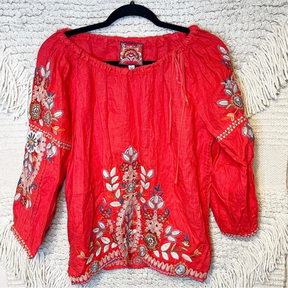 Johnny Was Red Floral Embroidered Boho Boatneck Linen… - Gem